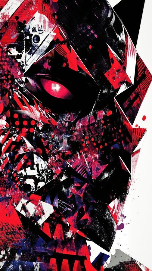 Abstract Artwork Featuring a Stylized, Fragmented Mask with Bold Colors ...