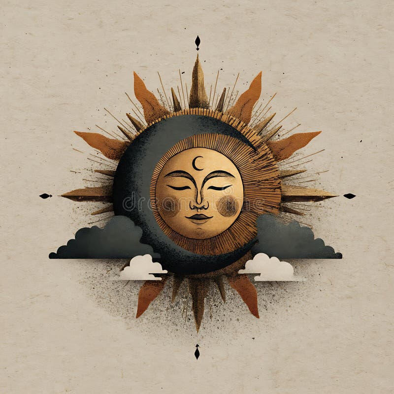 Abstract Artwork Featuring a Stylized Sun with a Serene, Golden Face ...