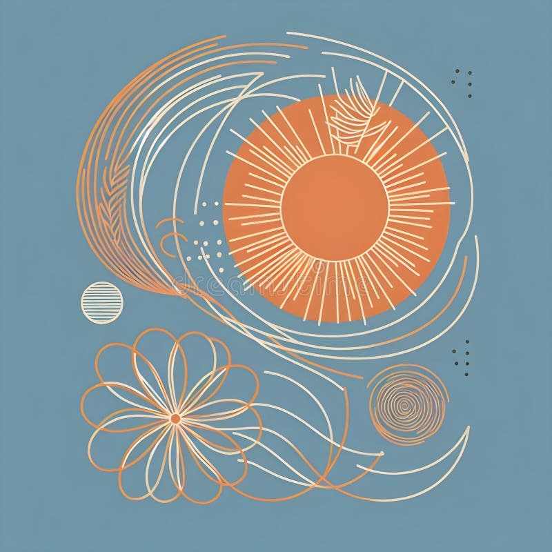 Abstract Artwork Featuring a Sun with Radiating Lines, Surroun Stock ...