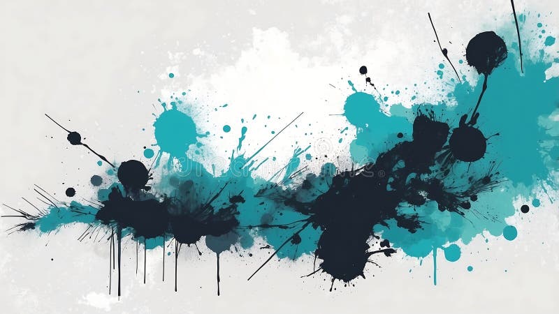 Abstract Artwork Featuring Teal and Black Paint Splatters on a White ...