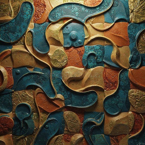 Abstract Artwork Featuring Textured, Interlocking Shapes in Teal, Gold, and Rust Tones. Stock ...