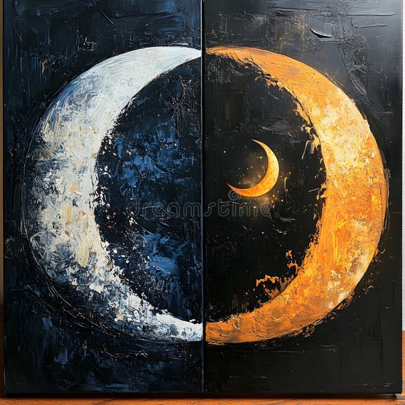 Abstract Artwork Featuring Two Contrasting Crescent Moons on a Dual ...