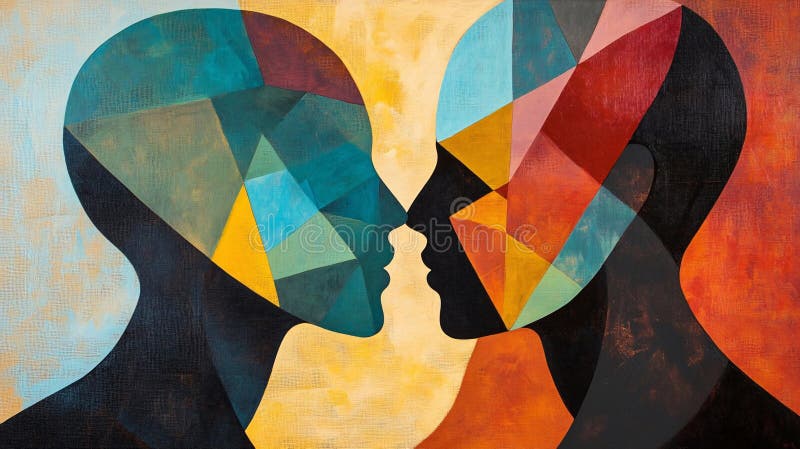 Abstract Artwork Featuring Two Profiles with Geometric Patterns, a ...