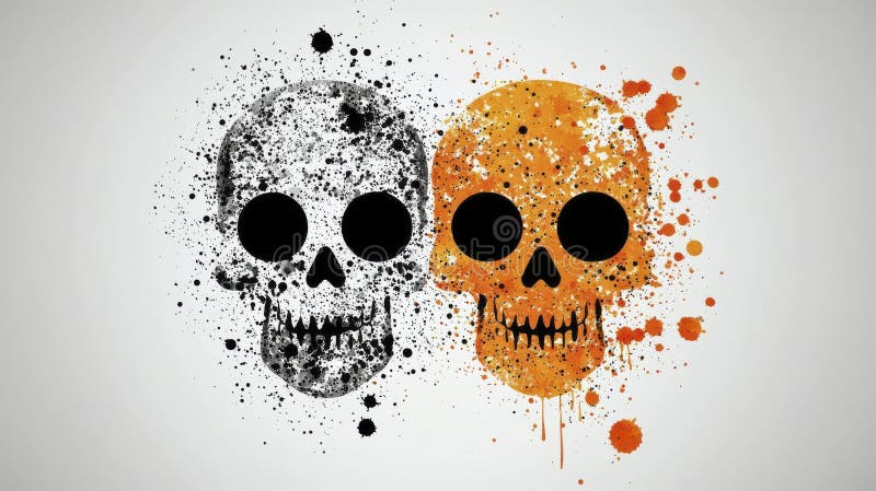 Abstract Pixelated Skulls in Grayscale and Orange Splatter Paint Stock ...