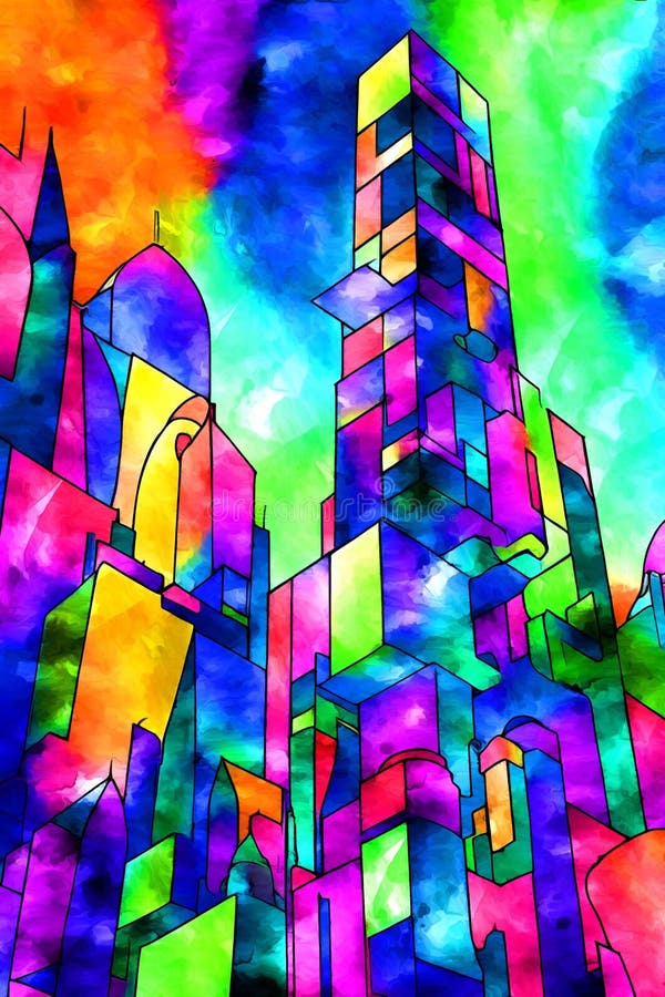 Abstract Artwork Featuring a Vibrant Composition of Multiple Buildings ...
