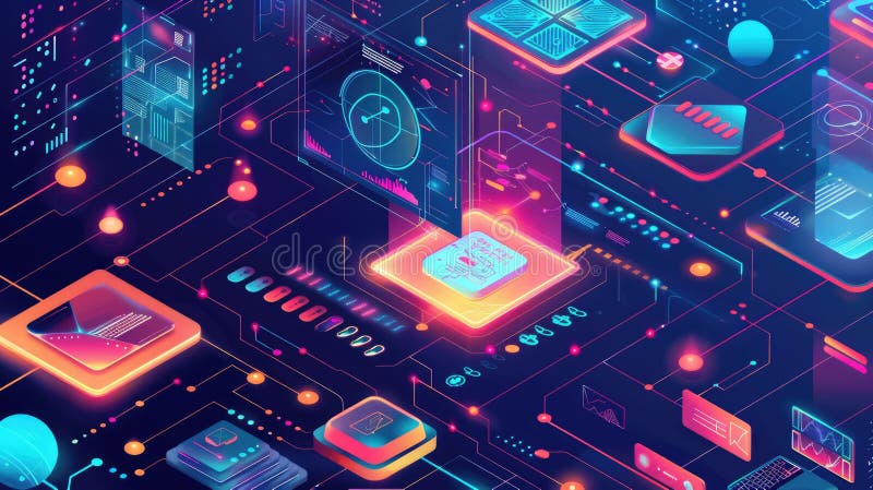 Abstract Artwork of Smart People Interacting with Digital Glowing Icons ...