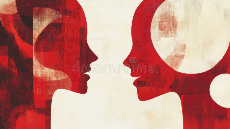 Abstract Artwork of Two Human Profiles in Conversation with Red and ...