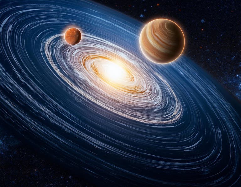 Abstract Binary Star System with Orbiting Planets Stock Illustration ...