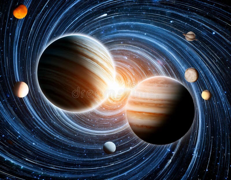 Abstract Binary Star System with Orbiting Planets Stock Illustration ...