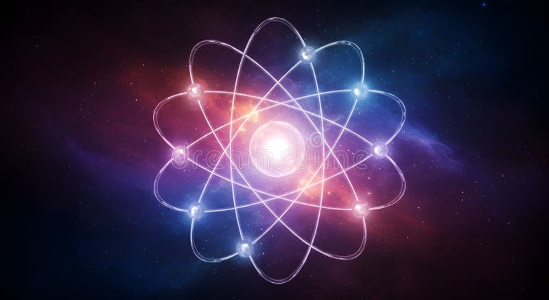Abstract Atom Model Against Space Background with Glowing Nebula Stock ...