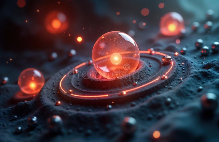 Abstract Atomic Model. Glowing Spheres Orbit Central Sphere. Dynamic ...