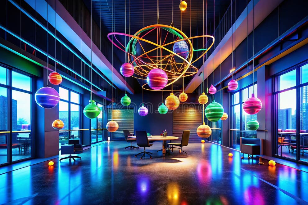 Abstract Atomic Models Illuminated in a Colorful Night Office a Modern ...
