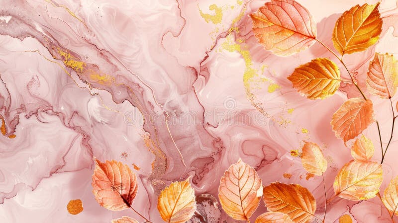 Abstract Autumn Background with Golden Leaves and Pink Marble Texture ...