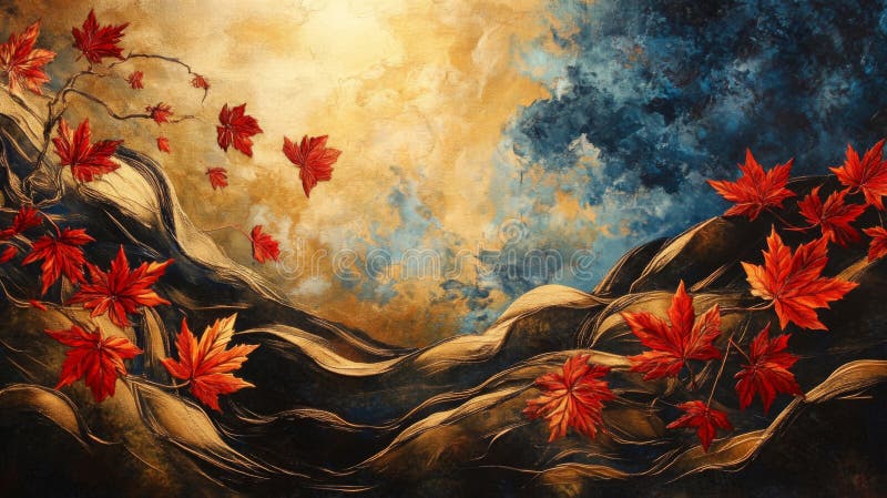 Abstract Autumn Landscape Painting with Red Maple Leaves Stock ...