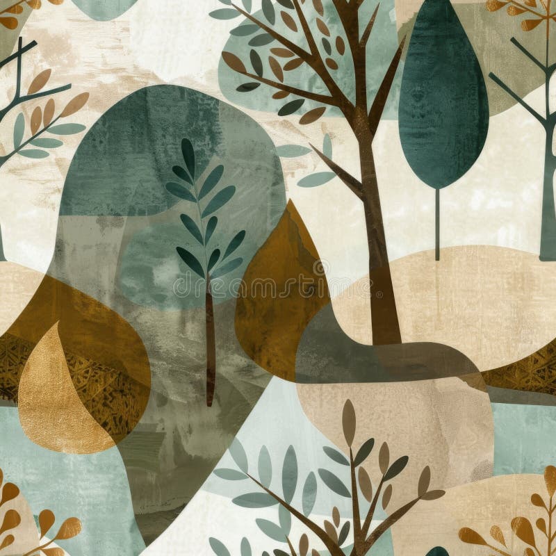 Abstract Autumn Landscape with Stylized Trees and Textured Leaves Stock ...