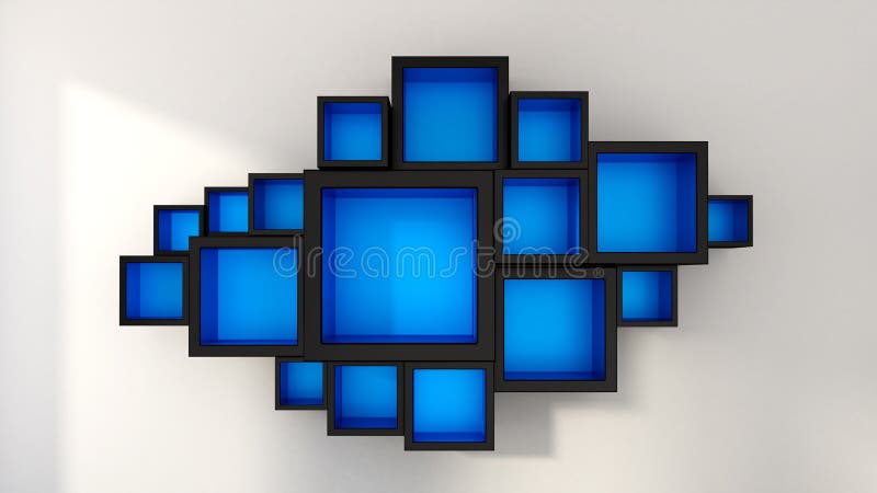 Abstract Azure, White, Banners, Cubes, and Cabinets. 3D Illustration ...