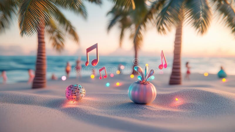 Abstract Backdrop for a Summer Concert with Palm Trees and Music Notes ...