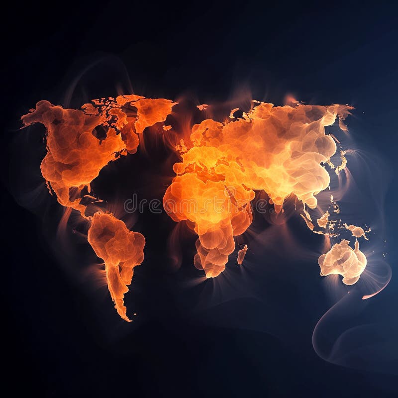 Abstract Backdrop of World Map in Fire and Smoke on a Dark Background ...