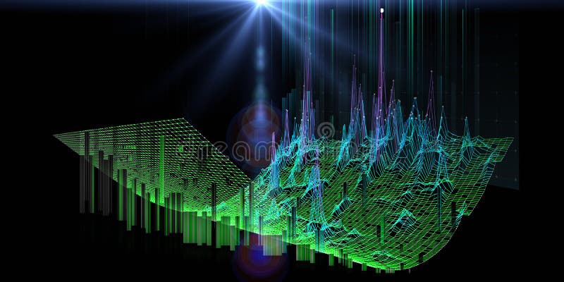 Abstract Background With Bending Color 3d Grid And Spot On Dark Visual Presentation Screen Of