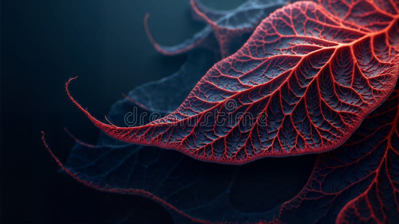 Abstract Background with Black Skeletal Plant Leaf with Red Veins on ...