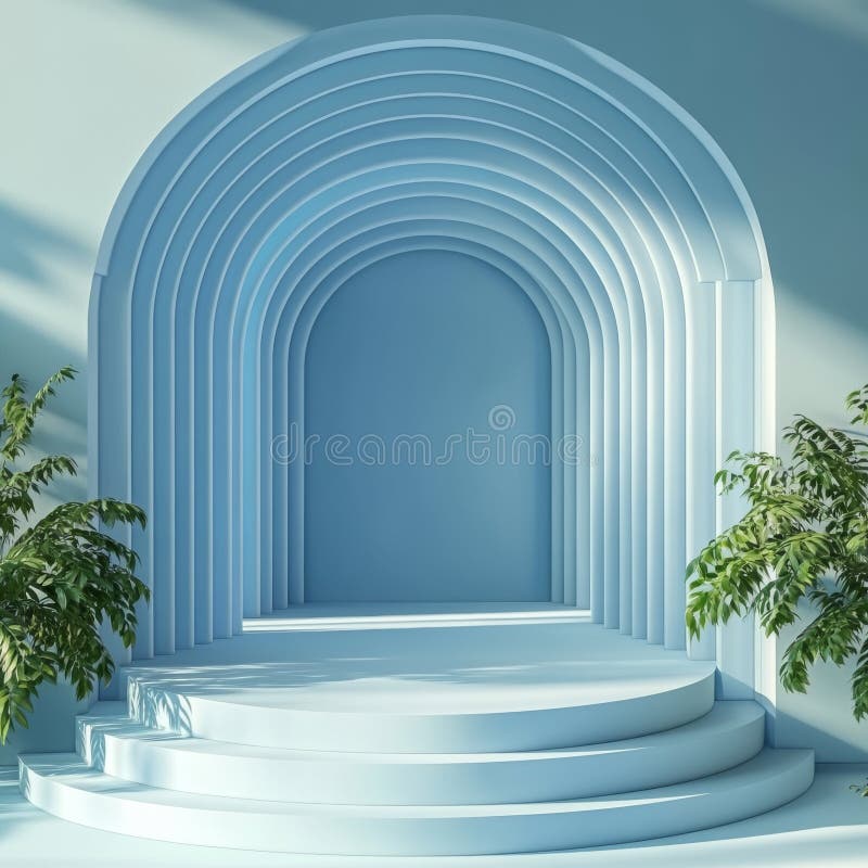 Abstract Background with Blue Arch and Green Plants. 3d Render Stock ...