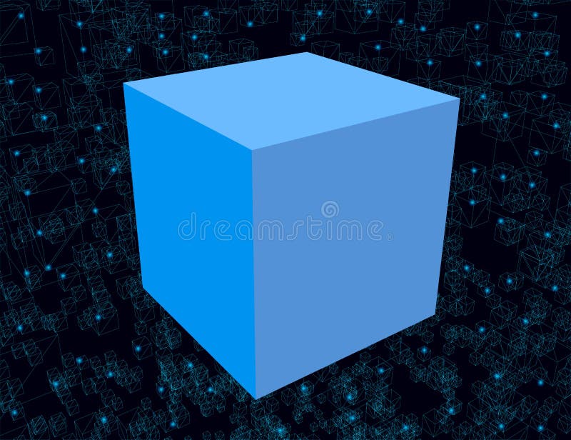 Abstract Background with a Blue Cube and with Many Cube Frames of Blue ...