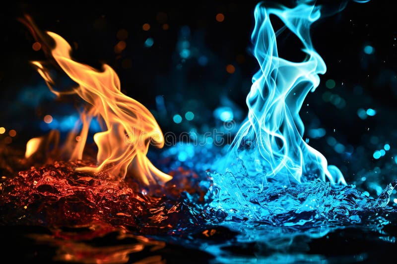 Abstract Background of Blue Fire Flames and Water Splash on Black ...