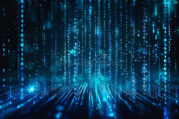 Abstract Background with Blue Glowing Binary Code and Distorted ...