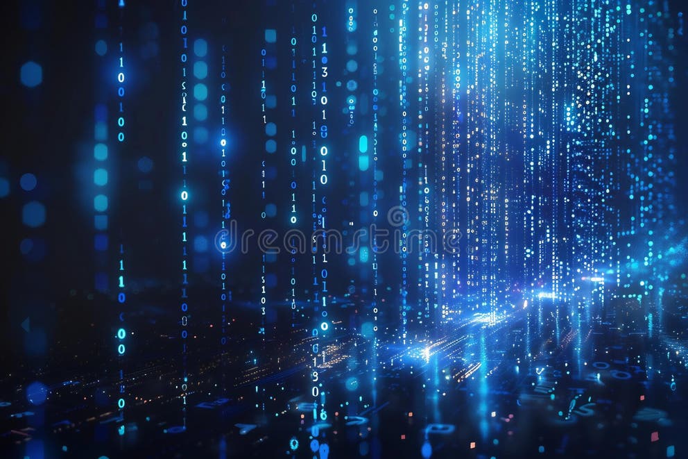 Abstract Background with Blue Glowing Binary Code and Distorted ...