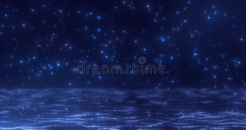 Abstract Background of Blue Glowing Falling Particles and Magical ...