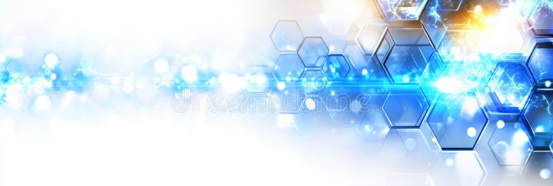 Abstract Background with Blue Hexagon Shapes and Light Flares on White ...