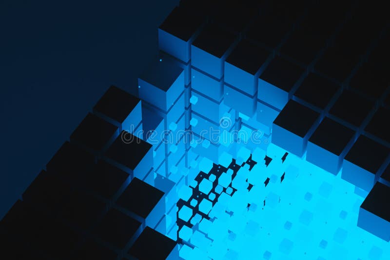 Abstract Background of Blue Neon Cyber Cubes at Night in the Room Stock ...