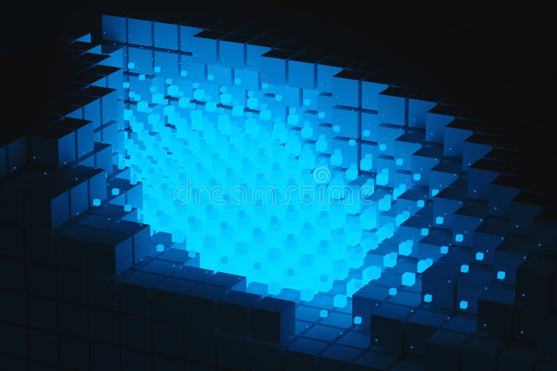 Abstract Background of Blue Neon Cyber Cubes at Night in the Room Stock ...