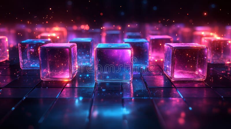 Abstract Background with Blue and Purple Glass Cubes and Glowing ...
