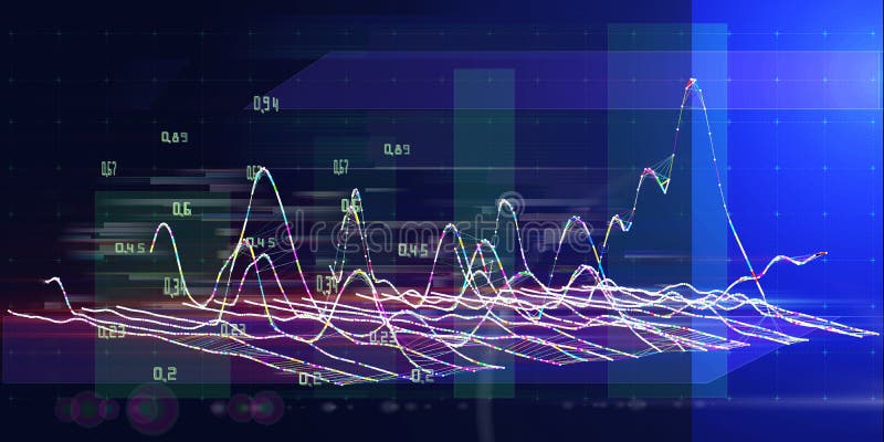 Abstract Background with Color Wireframe and Data on Blue. Visual Presentation of Analytic ...