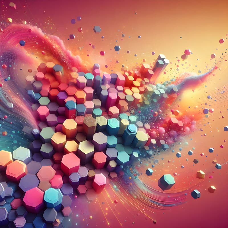 Colorful Hexagons Exploding in an Abstract Background with Vibrant Particle Clouds Stock ...