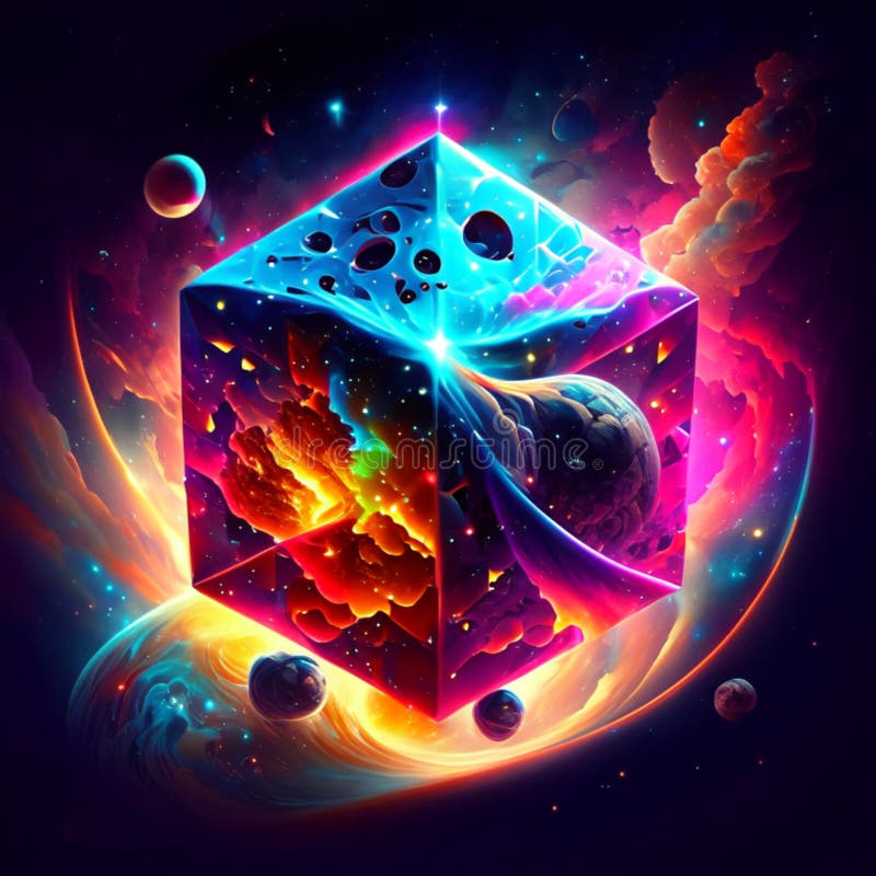 Abstract Background with a Cube and Planets in Space. Vector ...