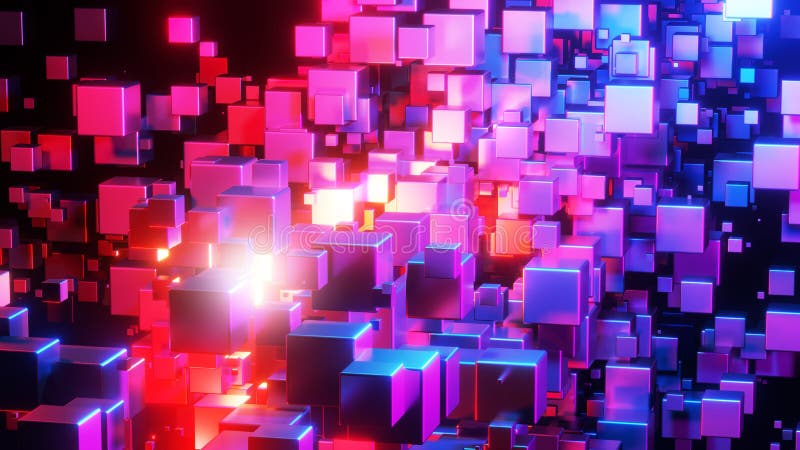 Abstract Background 3D, Many Cubes with Neon Purple Blue Glow on Black ...
