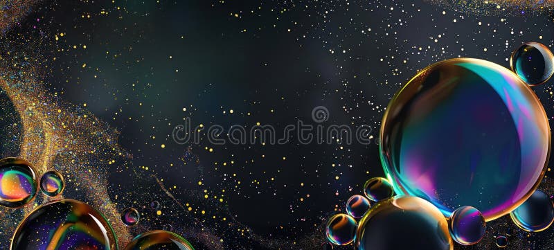 Abstract Background with Dark Glossy Rainbow Colored Bubbles on Black ...