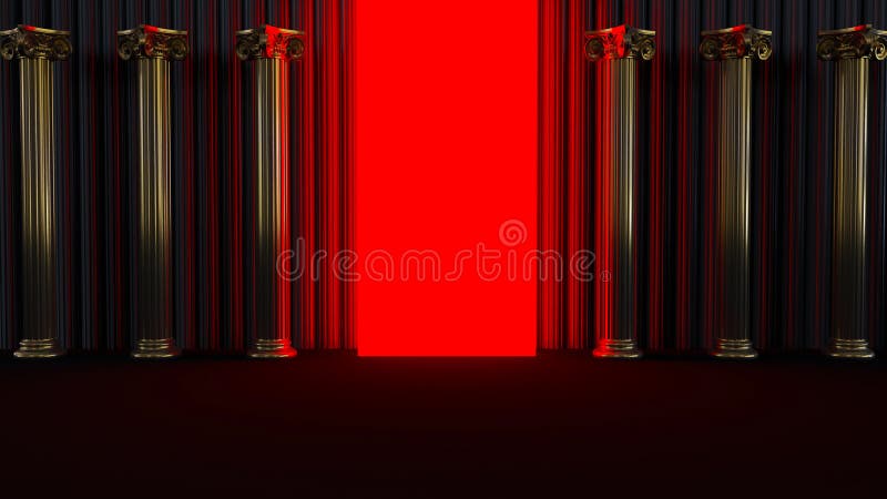 Abstract Background, Dark Hallway Columns with Glowing Red Light in the ...