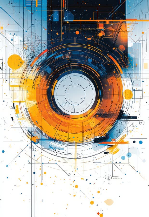 Abstract Background with Dynamic Technical Elements in Blue and Orange ...