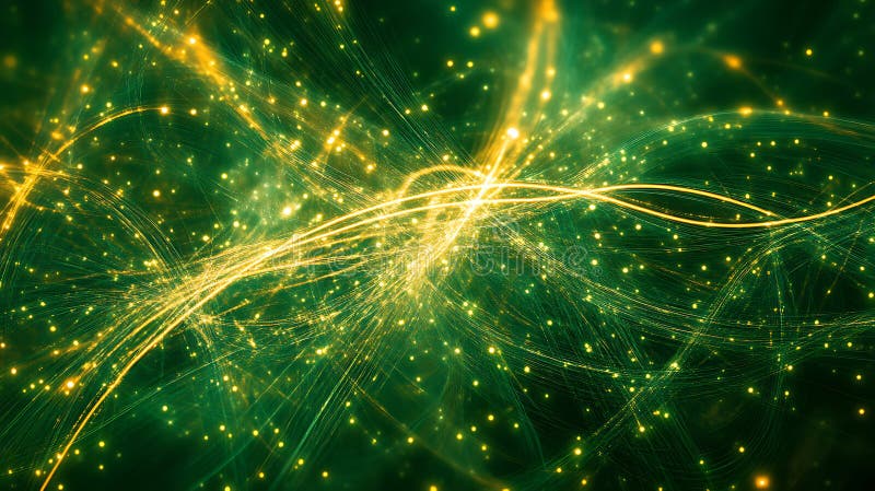 Abstract Green and Gold Light Trails with Glowing Particles ...
