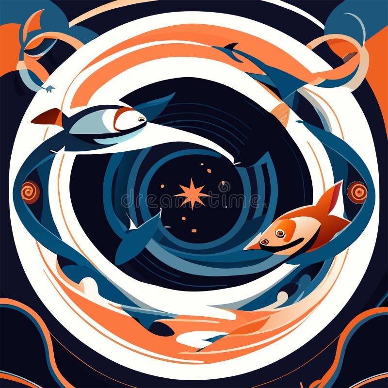 Abstract Background with Fish and Waves, Vector Illustration in Retro ...