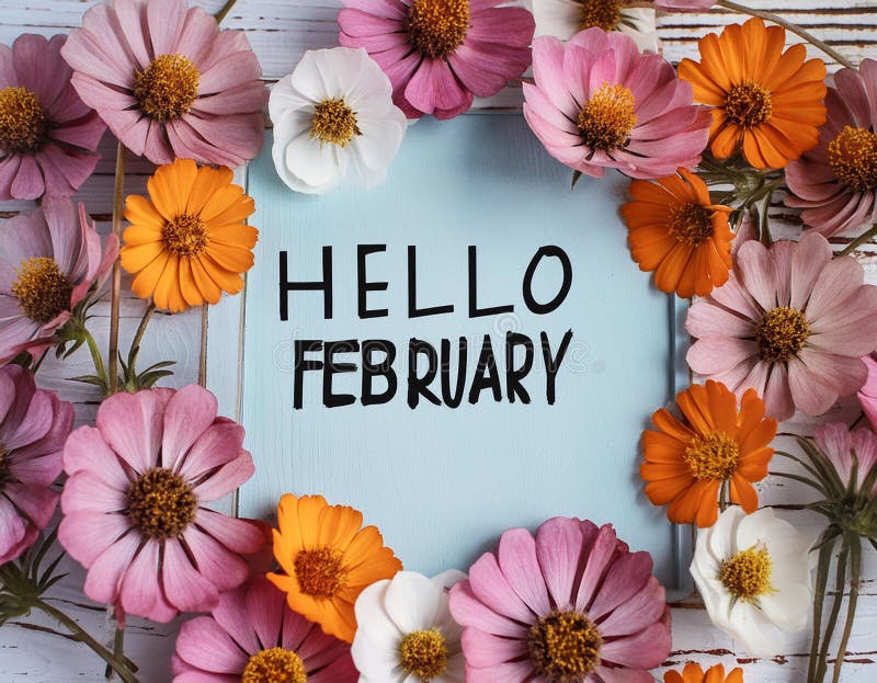Abstract Background with Flowers Frame Around. Hello February - Modern ...