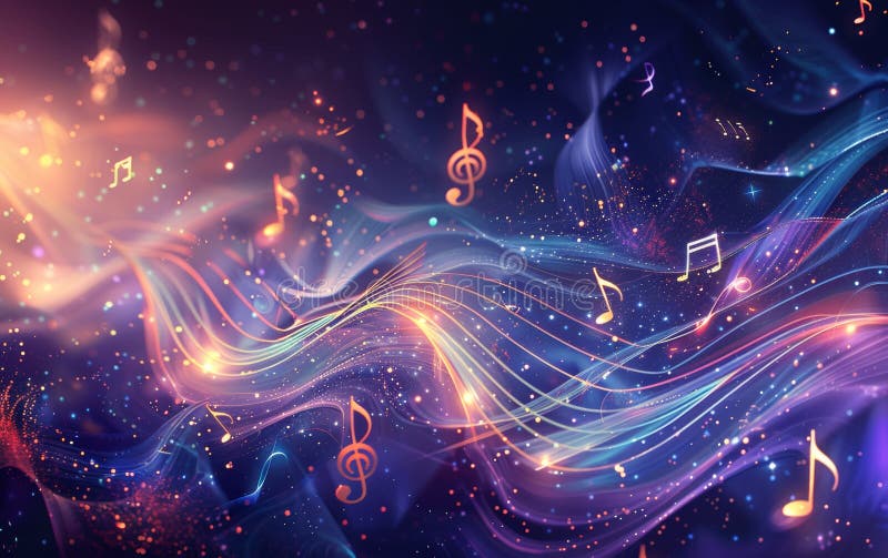 Abstract Background with Flowing Music Notes and Glowing Stars Stock ...