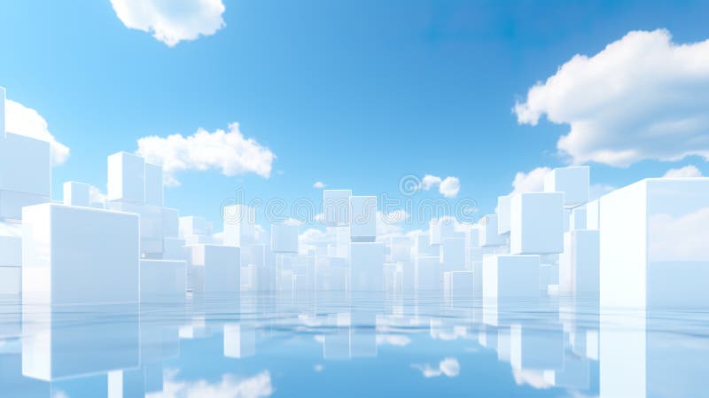 Abstract Background with Flying Cube and Rectangle Shapes in Blue Sky ...