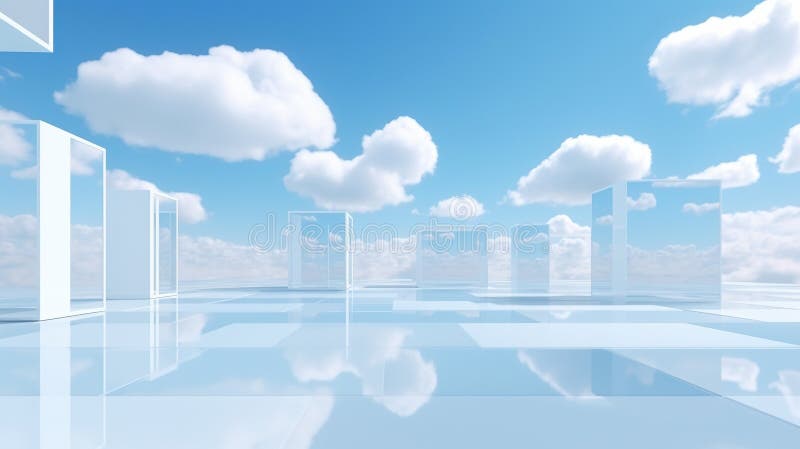 Abstract Background with Flying Cube and Rectangle Shapes in Blue Sky ...