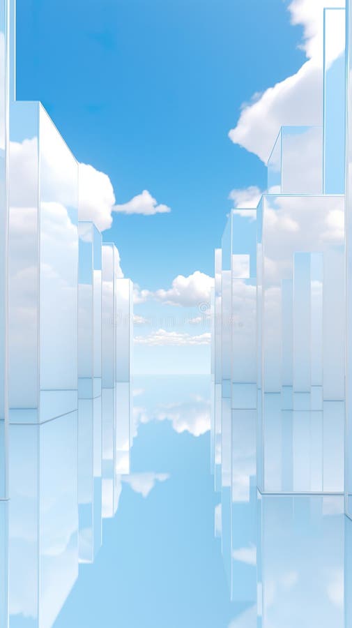 Abstract Background with Flying Cube and Rectangle Shapes in Blue Sky ...