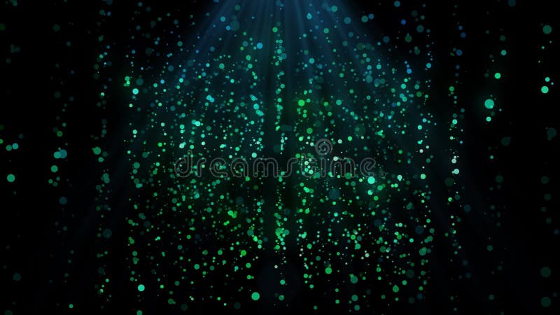 Abstract Background with Flying Green Dots in Light Rays. Bright Particles Moving with Blur ...