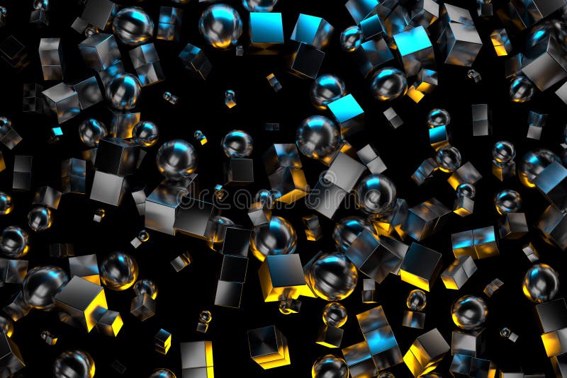 Abstract Background with Flying Metal Boxes and Spheres on a Black ...